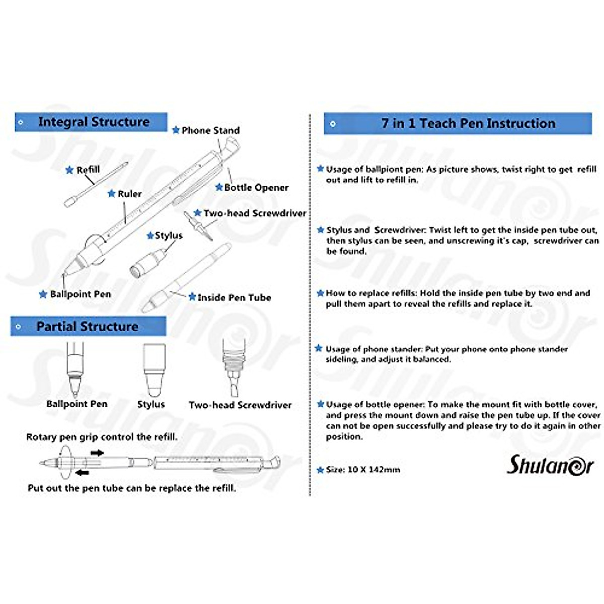 Shulaner 7 in 1 Metal Tech Tool Pen with Ruler, Bottle Opener, Phone Stand, Ballpoint Pen, Stylus and 2 Screw Driver, Multifunction Tool Fit for Men or Women, 4 Color, Pack of 4