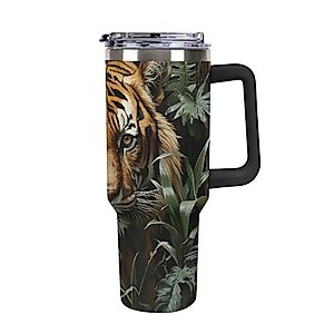 STVNKML 40 Oz Tumbler with Handle Jungle Tiger Stainless Steel Coffee Mug Reusable Travel Mug Leak-proof Insulated Car Cup Large Capacity Tumbler for Travel, Outdoor, Home Use (Black)