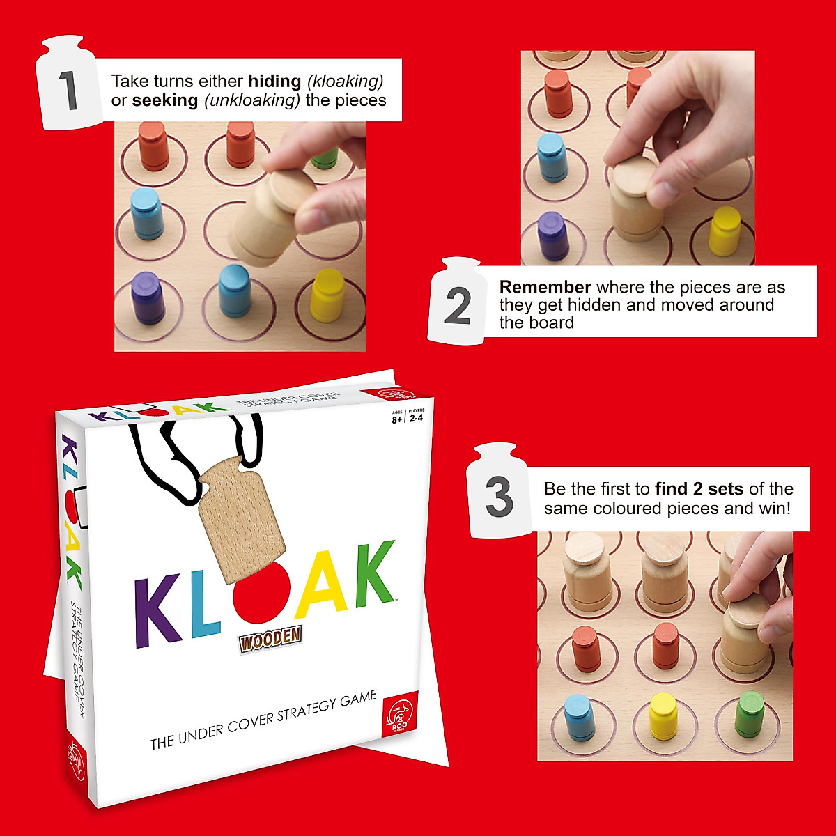ROO Games Kloak - Wooden Strategy Board Game for Kids and Adults - for Ages 8-9-10-11+ - Kloak and Unkloak to Get Three in A Row - Premium Wooden Game