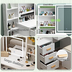 Vanity Desk, Makeup Vanity Desk with Sliding Mirror and Lights, Makeup Vanity Set with Drawers, Stool and Open Shelves, 3 Color Lighting Modes, Brightness Adjustable Dressing Table for Bedroom