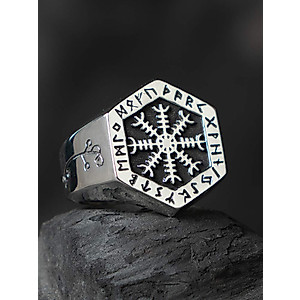 Titanium Stainless Steel Aegishjalmur The Helm of Awe Ring Norse Viking Elder Futhark Rune Ring Jewelry for Men Women Size 10 Silver Tone