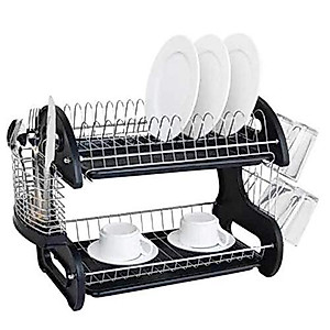 Dish Drying Rack Utensil Holder with Bowls & Dishes & Chopsticks & Spoons Collection Shelf and Dish Drainer for Kitchen Counter 2 Tier