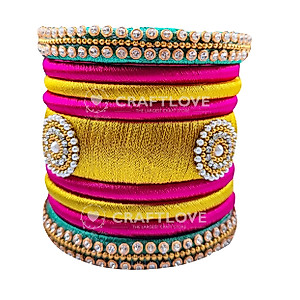 GOELX Festive Offer: Rani Pink Green and Gold Silk Thread Handcrafted Bangle Bracelet for Women - 2.4