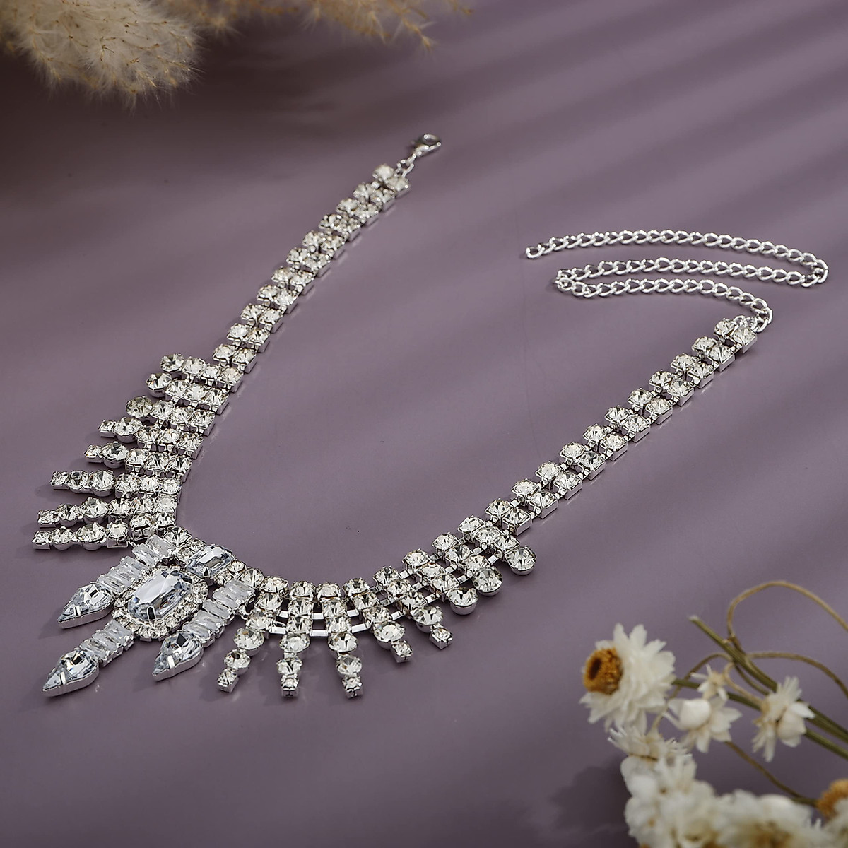 YERTTER Dainty Silver Full Rhinestone Chain Sparkly Collar Chain Choker Statement Tassel Crystal Choker Necklace Adjustable for Party Music Bar Women （Silver 4）