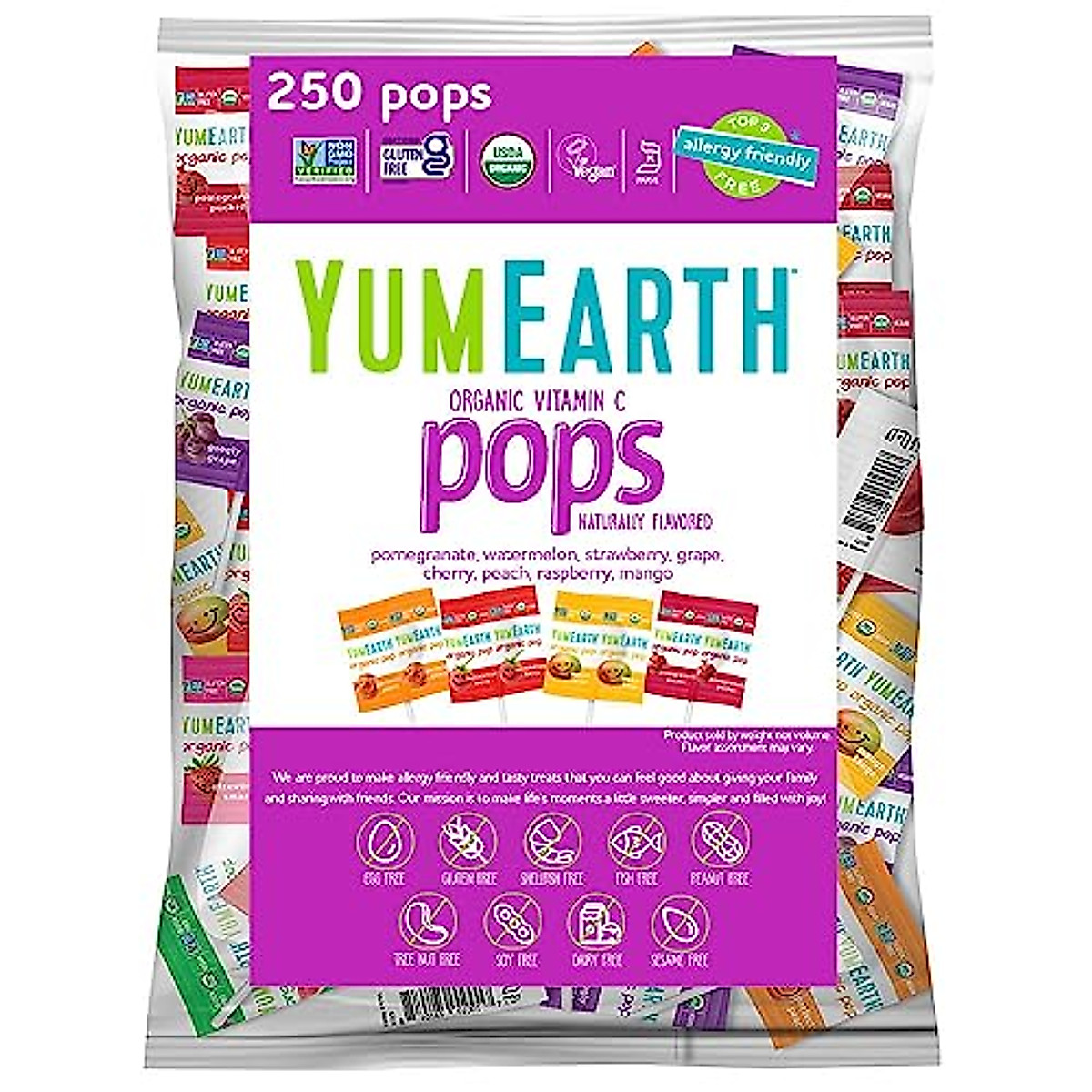YumEarth Organic Vitamin C Pops Variety Pack, 250 Fruit Flavored Favorites Lollipops, Allergy Friendly, Gluten Free, Non-GMO, Vegan, No Artificial Flavors or Dyes