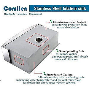 Comllen Commercial 33 Inch 304 Stainless Steel Farmhouse Sink, Single Bowl Kitchen Sink 16 Gauge 9 Inch Deep Handmade Undermount Kitchen Apron Sink Farm Sink