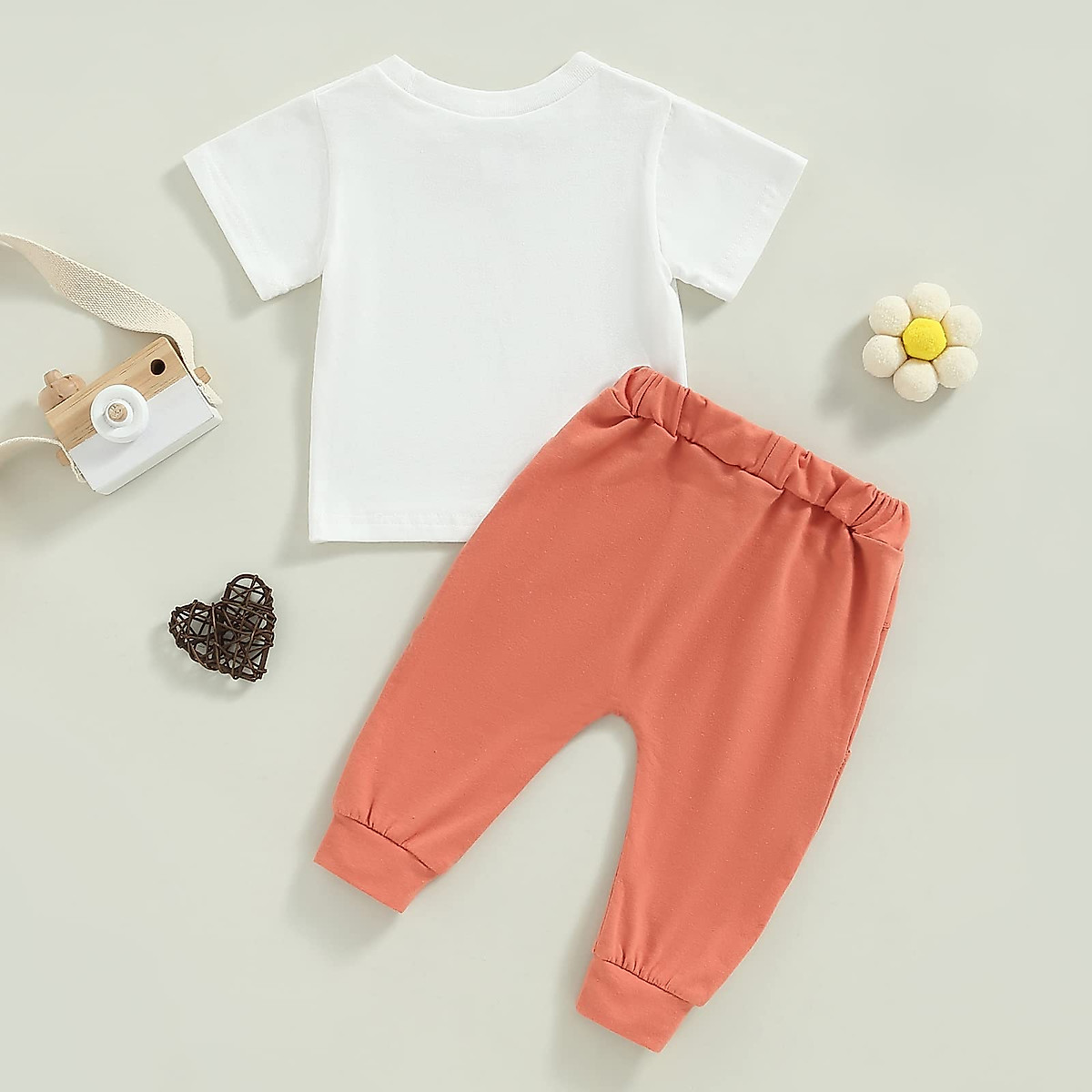 Fsadfeas Baby Boy Valentines Day Outfit Short Sleeve Lover Boy Print T-Shirt Solid Color Jogger Pants Set 2Pcs Summer Clothes (Loved White+Orange,0-6 Months)