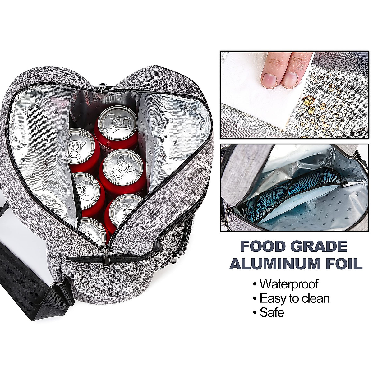 AmHoo Insulated Lunch Box Bag Reusable Cooler Backpack Double Zippers Waterproof Multiple Pockets Quilted For Women Hiking Beach Picnic Trip,Black