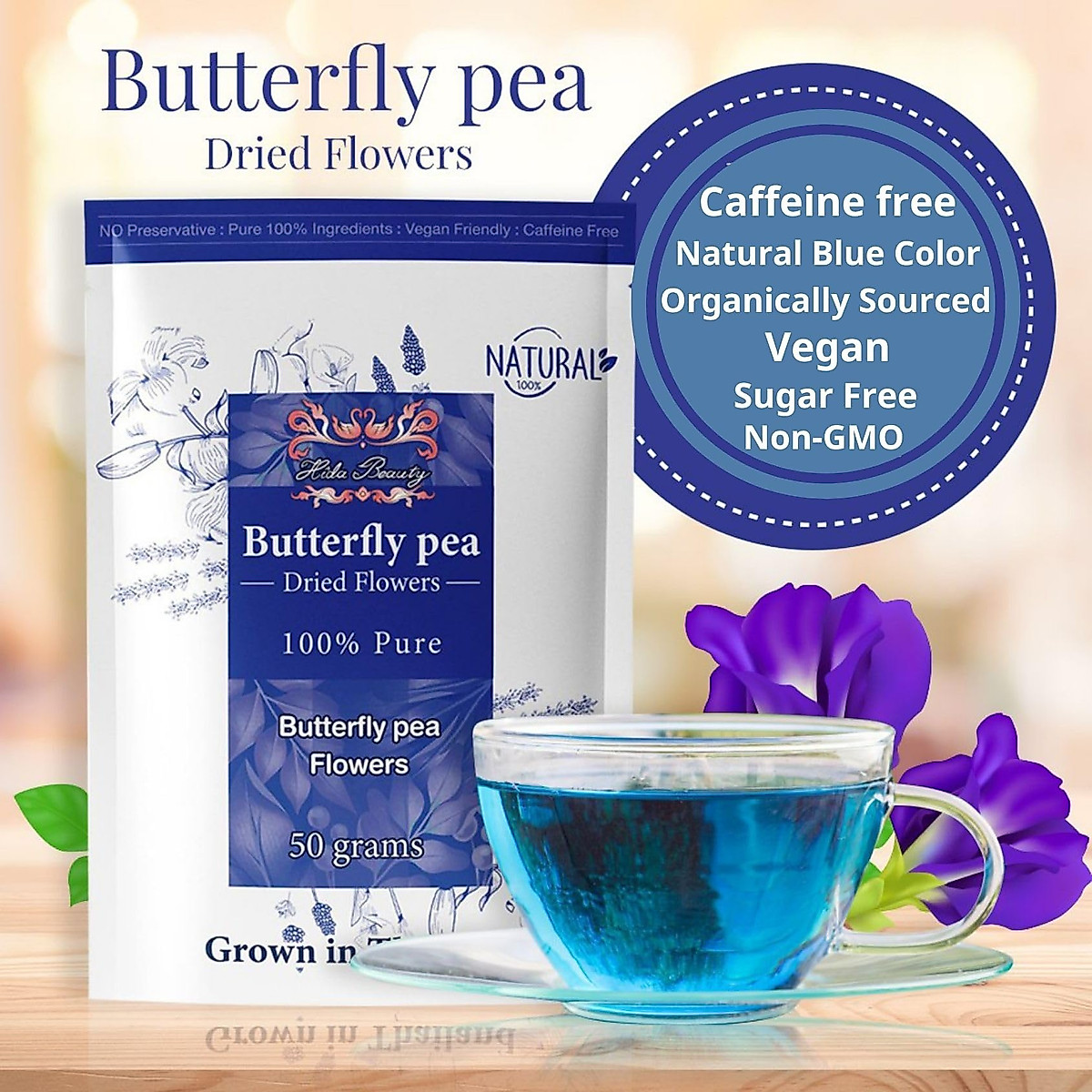 Hida Beauty Butterfly pea Flowers 1.76oz Premium Dried whole flowers Blue Color for tea drinks hot cool purple violet funness party food bakery pasta cocktail rice