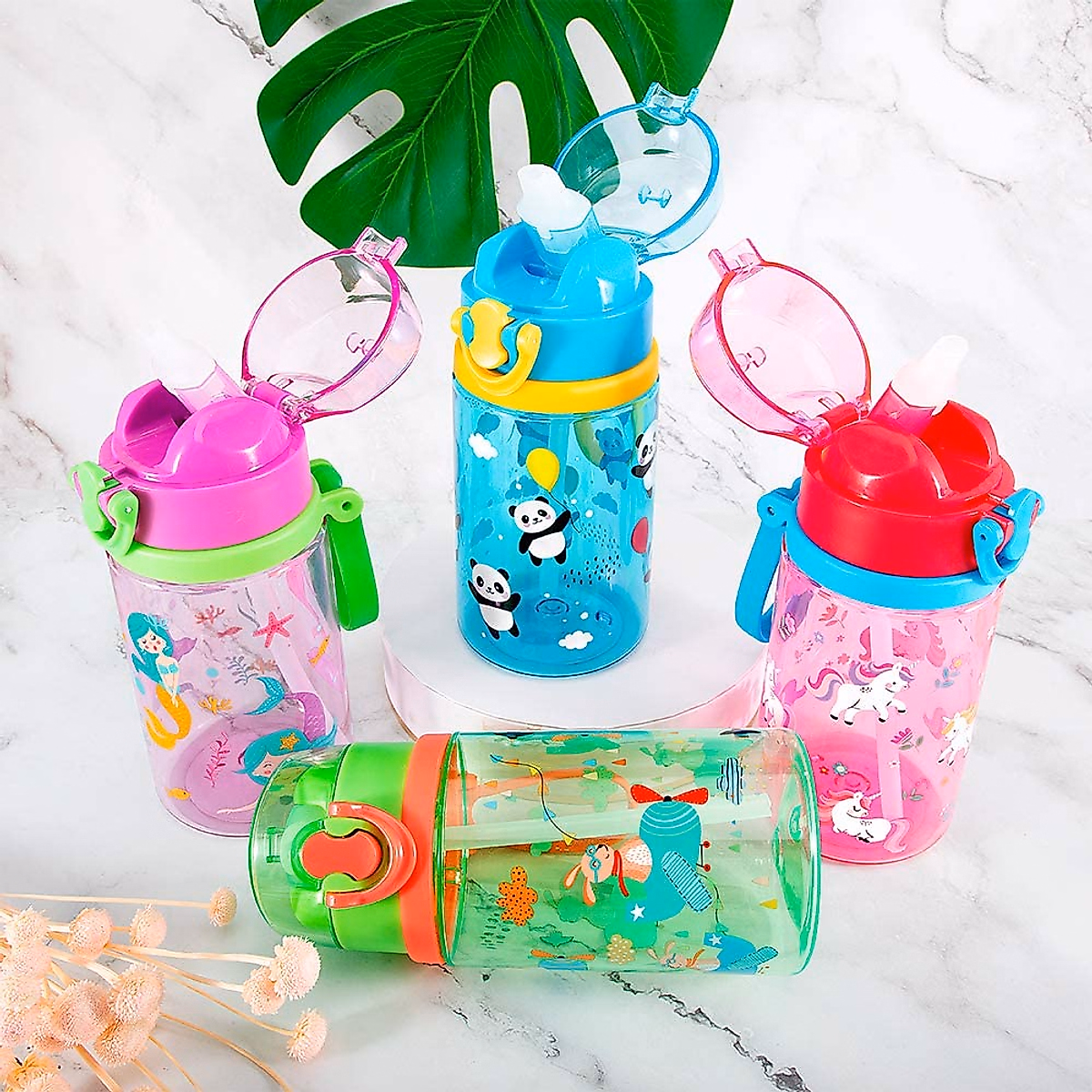 Home Tune 2 Pack Cute Water Bottles with Straw for Kids Girls Boys, BPA FREE Tritan & Leak Proof & Secure Lock & Soft Carry Loop, 14oz / 400ml (Airplane & Panda)