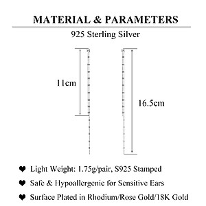 SLUYNZ 925 Sterling Silver CZ Studs 6.3inch Long Chain Earrings Dangle for Women Line Earrings Chain Backs (A-Silver)