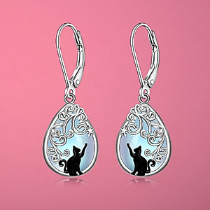 Cat Earrings Moonstone Filigree Earrings for Women Sterling Silver Teardrop Moonstone Black Cat Earring Dangle Cats Jewelry Cute Valentines Christmas Gifts