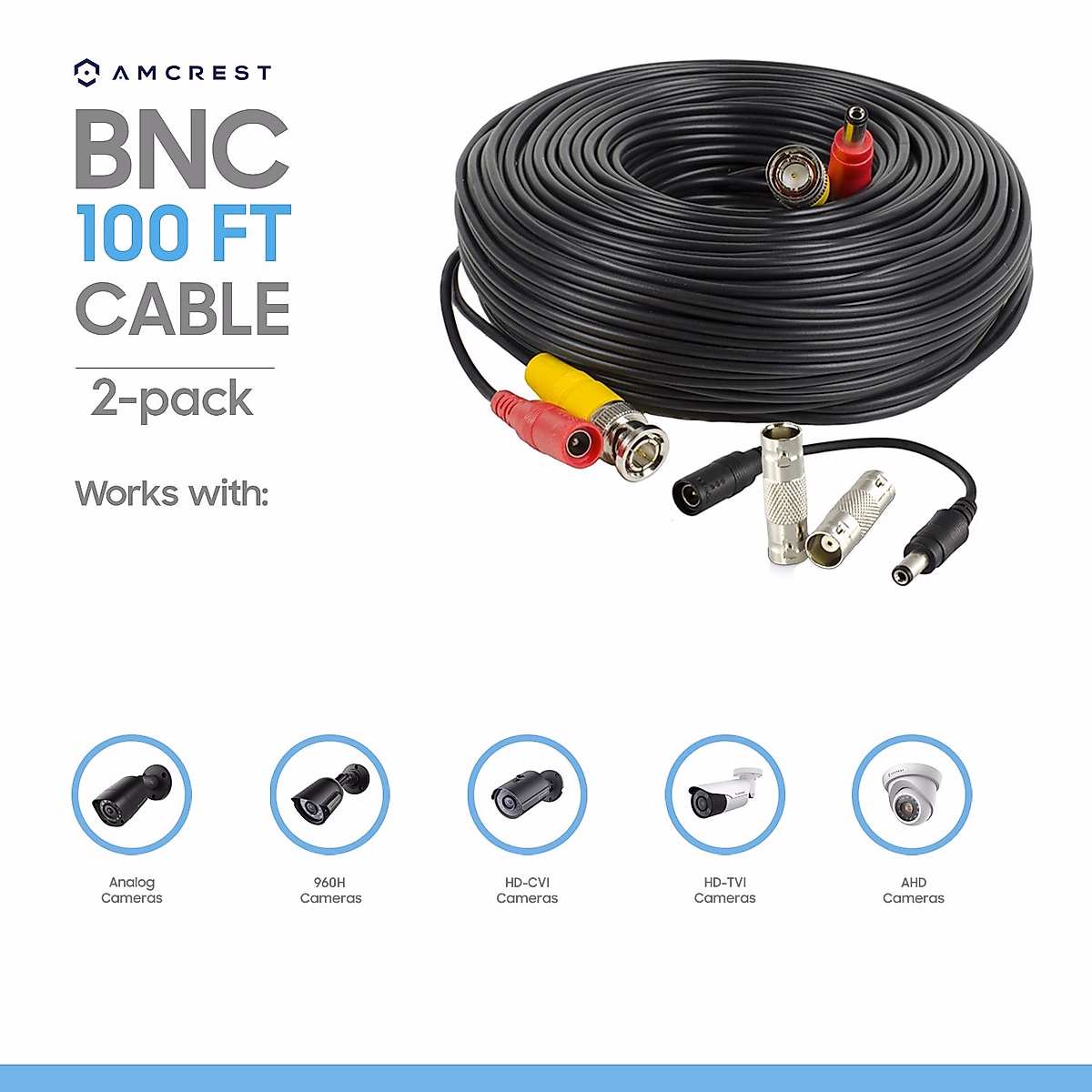 Amcrest Security Camera Cable 100FT BNC Cable, Camera Wire CCTV, Pre-Made All-in-One Video and Power Cable for Security Camera 960H, HDCVI Camera, DVR (SCABLEHD100B-2pack)