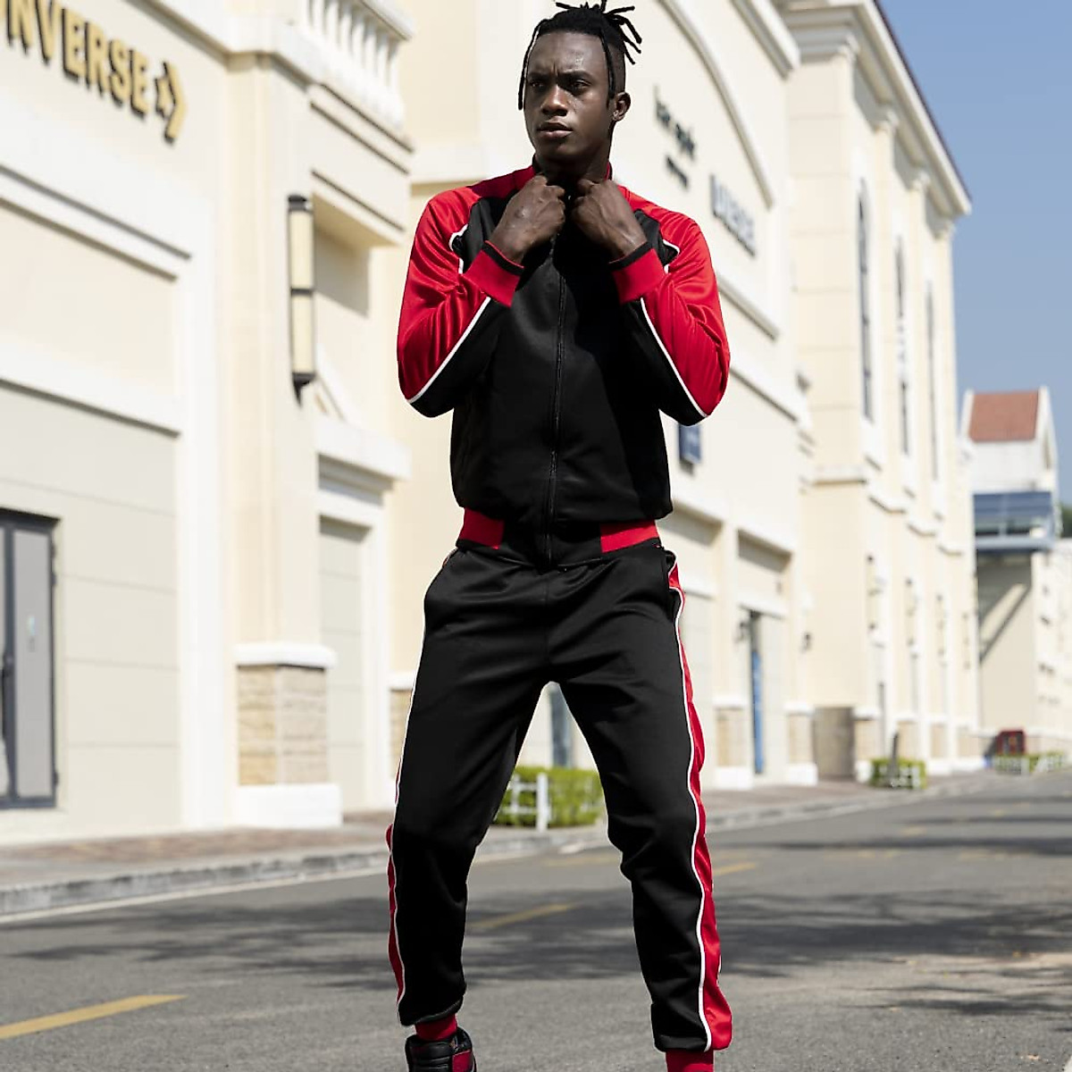 TOLOER Men's Tracksuit Set Sweatshirt Jogger Sweatpants Solid Patchwork Warm Sports Suit Black Medium