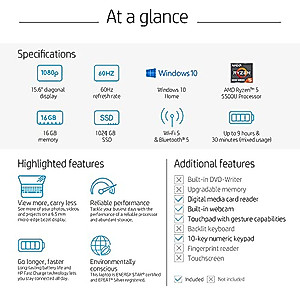 HP 15.6" FHD Laptop, Ryzen 5-5500, Silver, HD Webcam, USB-C, HDMI, AMD Radeon Graphics, Windows 10 Home, w/Accessories (16GB RAM | 1024GB PCIe SSD)