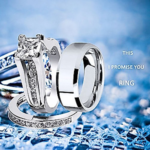 MABELLA Wedding Ring Sets Couples Rings Women's Size 10 Sterling Silver Princess Cubic Zirconia Men’s Size 12 Stainless Steel Bands