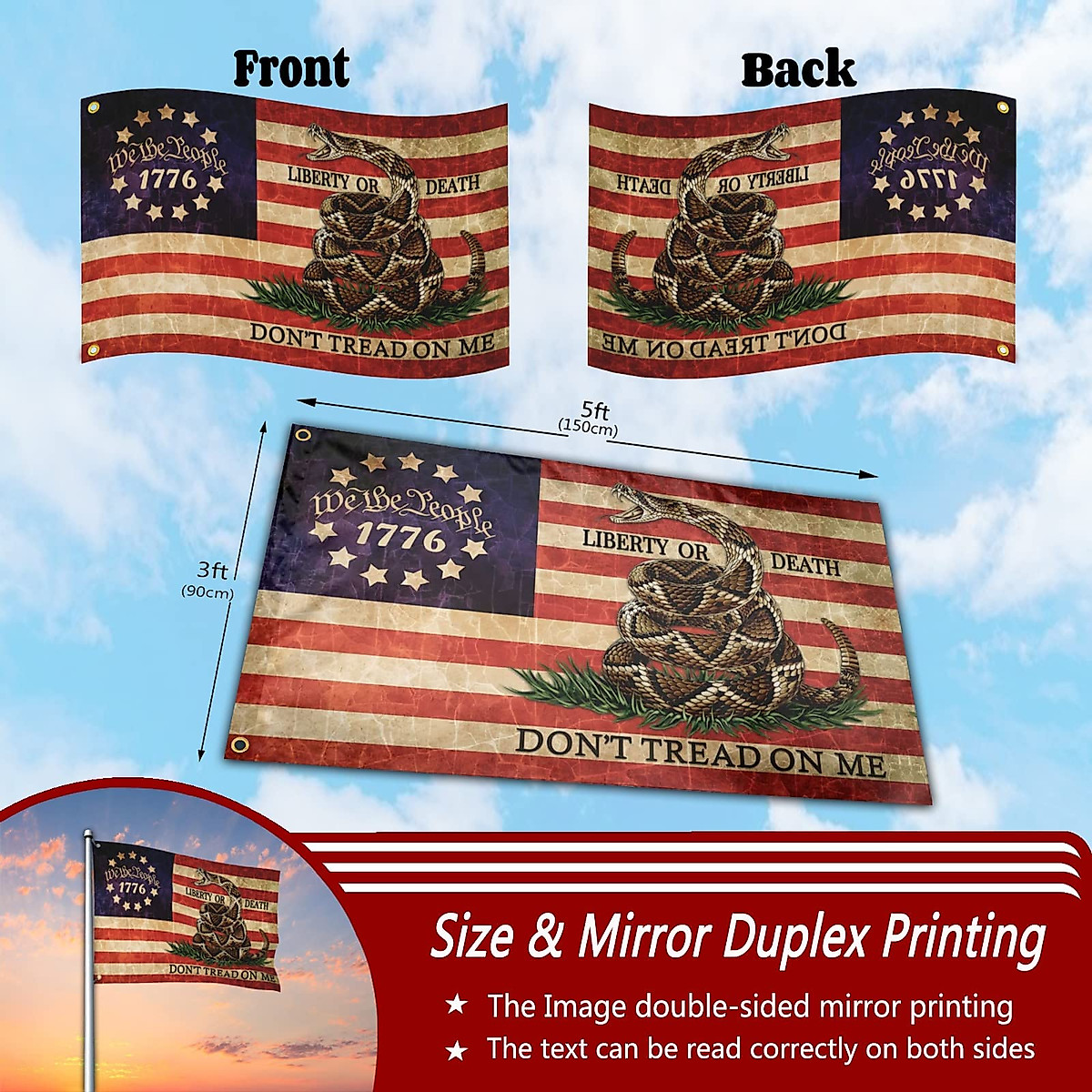 Hnjgno Dont Tread On Me Flag We The People 3x5 Ft 1776 Retro American Polyester Double Sided Mirror Printing Outdoor House Patriotic Banner Decorate Yellow (SRF-054)