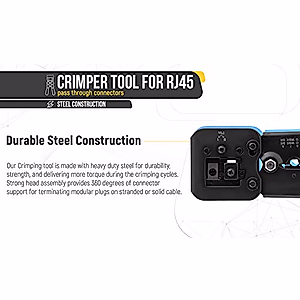 EMS RJ45 Crimp Tool Kit, With 50 Cat6 Pass Through Connectors and 50 Clear Cable Strain Relief Boots + Extra blades - EZ Cut, Strip, Crimp Ethernet Cables