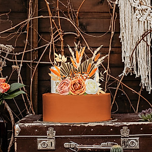28 Pcs Boho Cake Topper Decorations Vintage Artificial Rose Flowers Leaves for Cake Decorating Kit Dried Faux Flower Decor for Bohemian Wedding Bridal Baby Shower Birthday Party Supplies (Orange)
