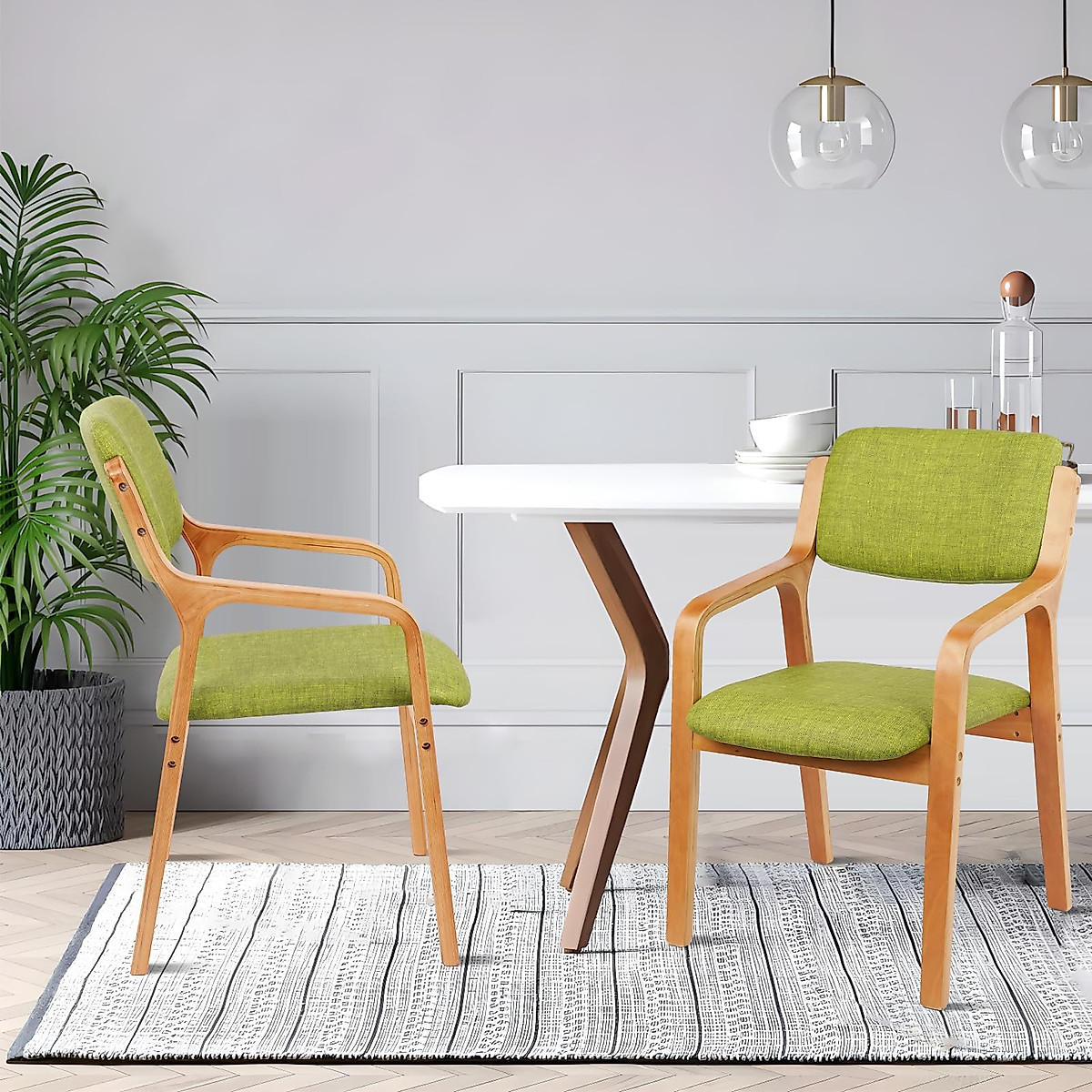 CLATINA Green Wood Mid Century Accent Chair, Fabric Armchair Side Chair with Comfort Seat Backrest for Dining Living Room Bedroom Reading Room Balcony(2P)