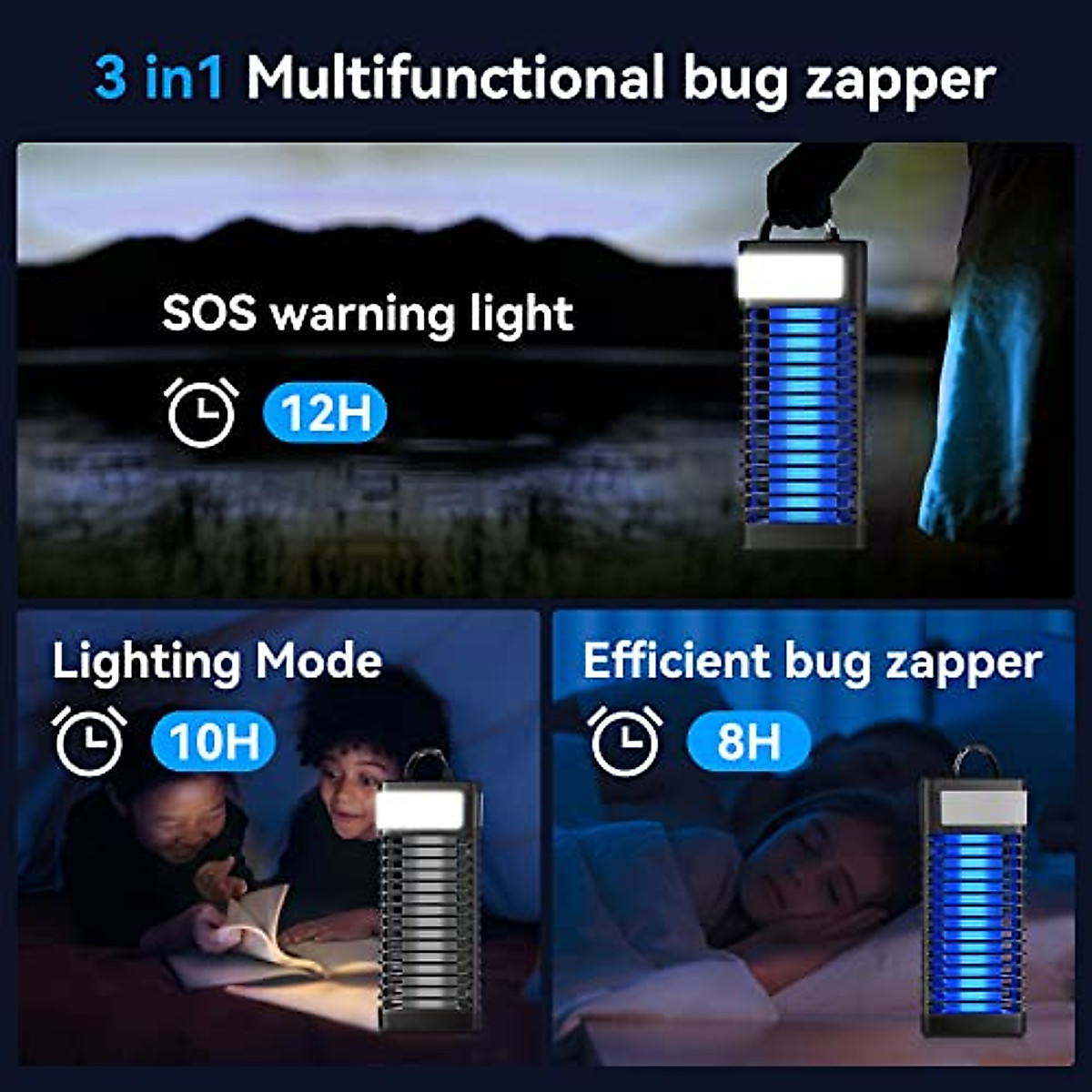 Bug Zapper, Bug Zapper Indoor, Outdoor, Mosquito Zapper, Mosquito Trap, Fly Zapper, Cordless Killer for Home Garden and Patio Use （Black）