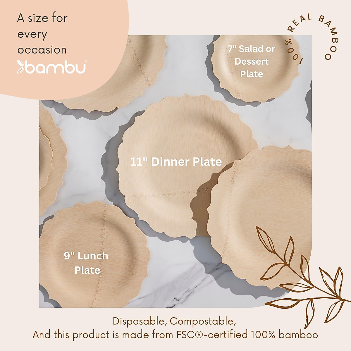 Bambu Pack of 25-9 Inch Disposable Bamboo Plates Fancy, Biodegradable Eco Friendly Products, Bamboo Disposable Plates for Party, Weddings, and Events, Great For Any Occasion, Compostable Plates