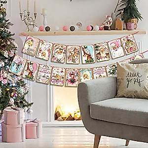Pink Christmas Decorations Vintage Style Santa Claus Elk Gingerbread Banner Merry Christmas Hanging Banner for Home Office Party Fireplace Christmas Party Supplies
