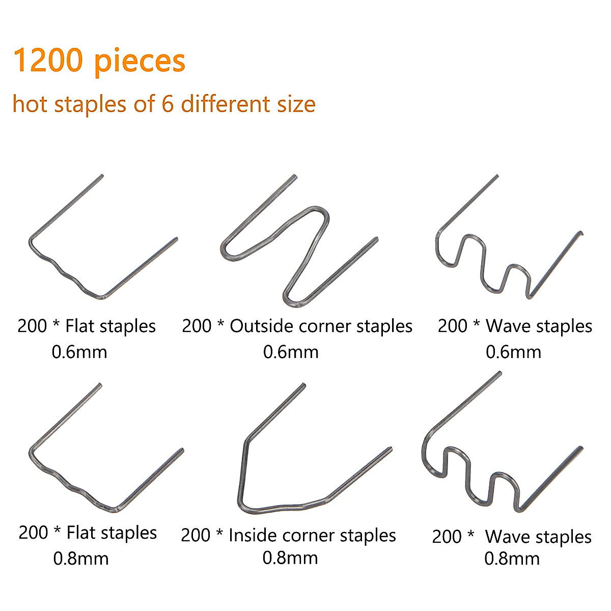 Plastic Welder Staples, 1200 pcs Hot Staples Plastic Repair Kit, Welding Hot Staples Wave, Corner & Flat for Repair Car Bumpers Hot Stapler Staples - Plastic Weld Hot Staples (0.8 0.6mm)