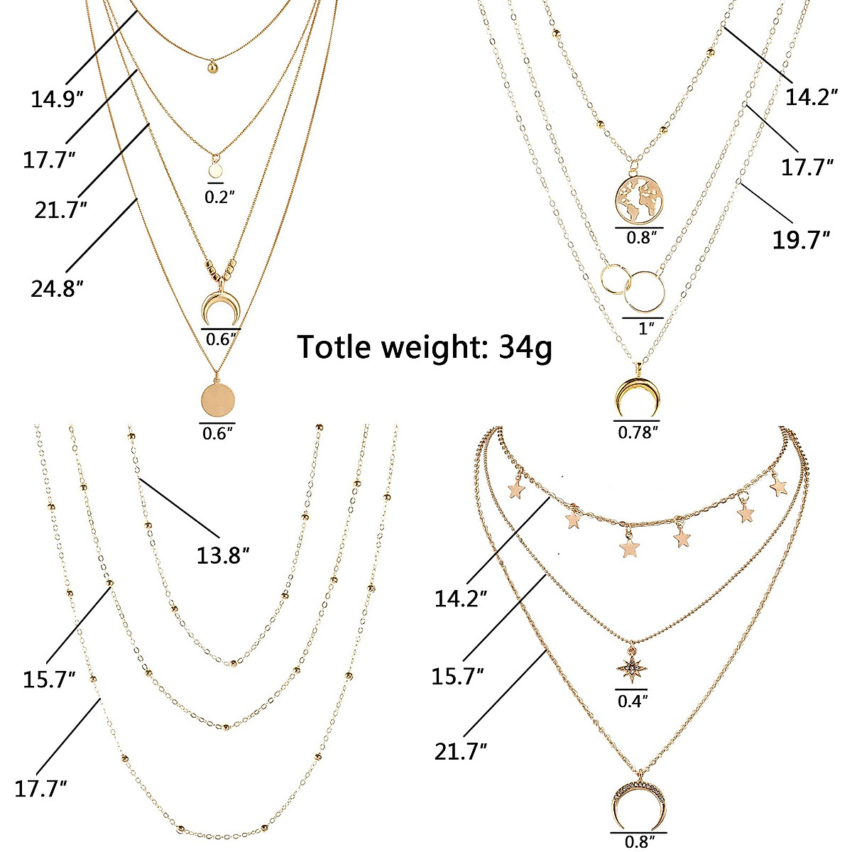 RINHOO FRIENDSHIP 4-6Pcs Multiple Layered Choker Necklace With Moon Star Coin Multi Layered Y Pendant Necklaces Set For Women (4PCS Multiple Gold Necklace)