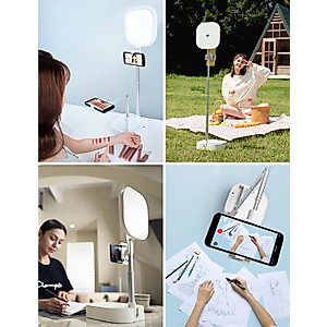 Viozon Extendable Selfie Stand,Height&Angle Adjustable,Overhead 360° Rotate,2 Phone Holders,Rechargeable Wireless Foldable 15 Brightness LED Light for Live Streaming/YouTube/Tiktok/Video/Makeup