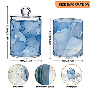 2 Pack Qtip Holder Organizer Dispenser Blue Marble Ink Modern Fluid Art Bathroom Storage Canister Cotton Ball Holder Bathroom Containers for Cotton Swabs/Pads/Floss