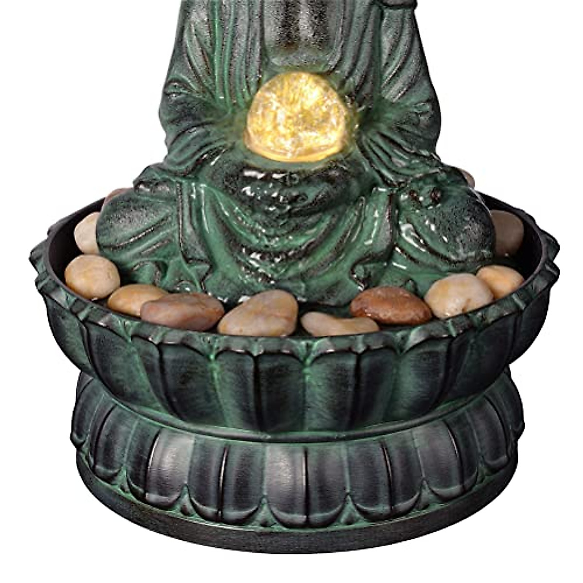 Haobos Indoor Tabletop Fountain Exquisite Sitting Buddha Fountains Meditation Desk Water Fountain Decorative Zen Fountain w/Glass Rolling Ball/LED/Stone Office and Home Decor 9.4" (21127A)