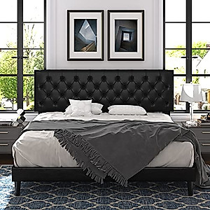 Allewie King Bed Frame with Adjustable Diamond Stitched Button Tufted Headboard/Faux Leather Upholstered Platform Bed with Easy-Assembly Wood slats, Black