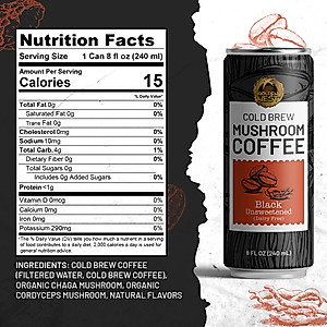 Golden Nest Cold Brew Mushroom Coffee | Ready to Drink Cold Brew Coffee with Organic Chaga & Cordyceps Mushroom | All Natural No Preservatives Dairy-Free | 8 Fl Oz Can (Black Unsweetened, 8 FL Oz (Pack of 6))