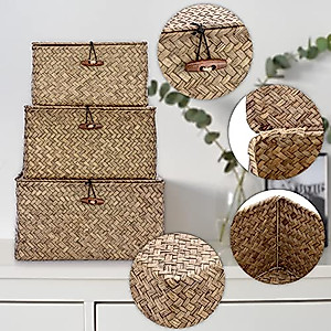 Hipiwe Wicker Shelf Baskets Bins with Lid Handwoven Storage Baskets Boxes Natural Seagrass Basket Box Home Decorative Household Organizer Bins Boxes for Shelf Organizing,Set of 3