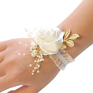 WANLIAN Rose Wrist Corsage Peal Diamond Boutonniere Gold Leaf Wrist Flower for Bride Bridesmaid Prom Wedding Ceremony Anniversary Set of 2(ivory)
