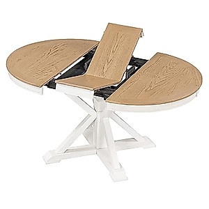 LUMISOL Round Extendable Dining Table Set for 4-6 Persons Rustic Solid Wood 5 Piece Kitchen Dining Set with 4 Upholstered Chairs Farmhouse Round Dining Table for Small Space, Oak Natural Off White