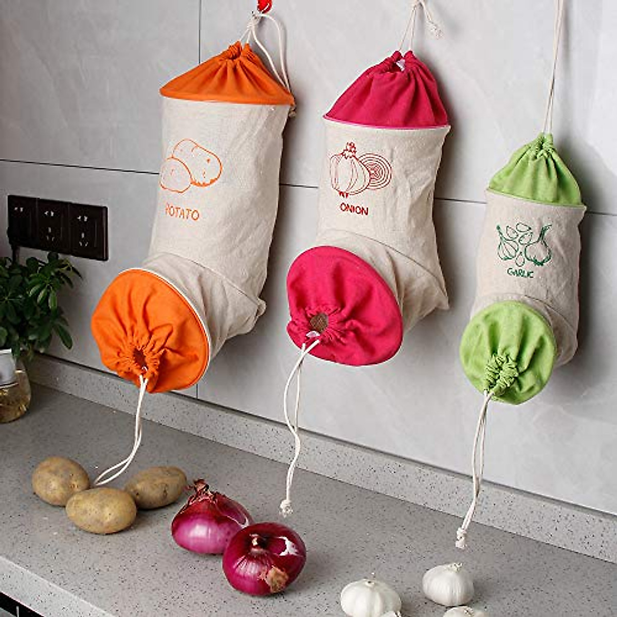 Set of 3 Reusable Hanging Vegetable Storage and Dispenser Bags, Dual Drawstring Closures, Potato Bag, Onion Bag, Garlic Bag