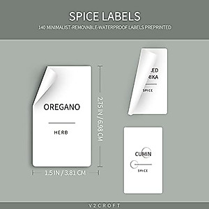 v2croft Spice Jar Labels,140 pcs Minimalist Preprinted White Sticker Black Text, Farmhouse Modern Waterproof Label Organization for Glass Bottles Containers, Herb Seasoning, Kitchen Pantry