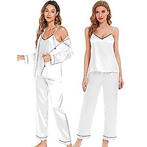 SWOMOG Womens Silk Satin Pajamas Set Three-piece Pj Sets Sleepwear Loungewear Button-Down Pj Sets White