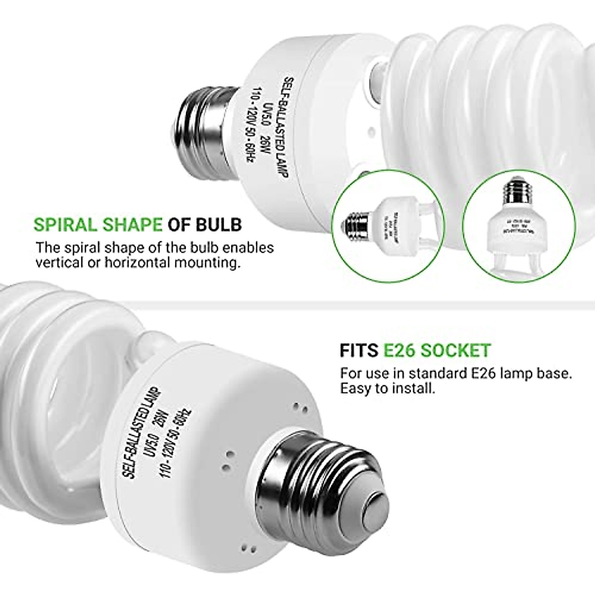 Simple Deluxe 2 Pack Reptile UVA UVB Light 5.0 26W Compact Fluorescent Lamp Light Bulb for Rainforest Tropical Terrarium, Reptiles, Lizard, Turtle, UVB 5.0