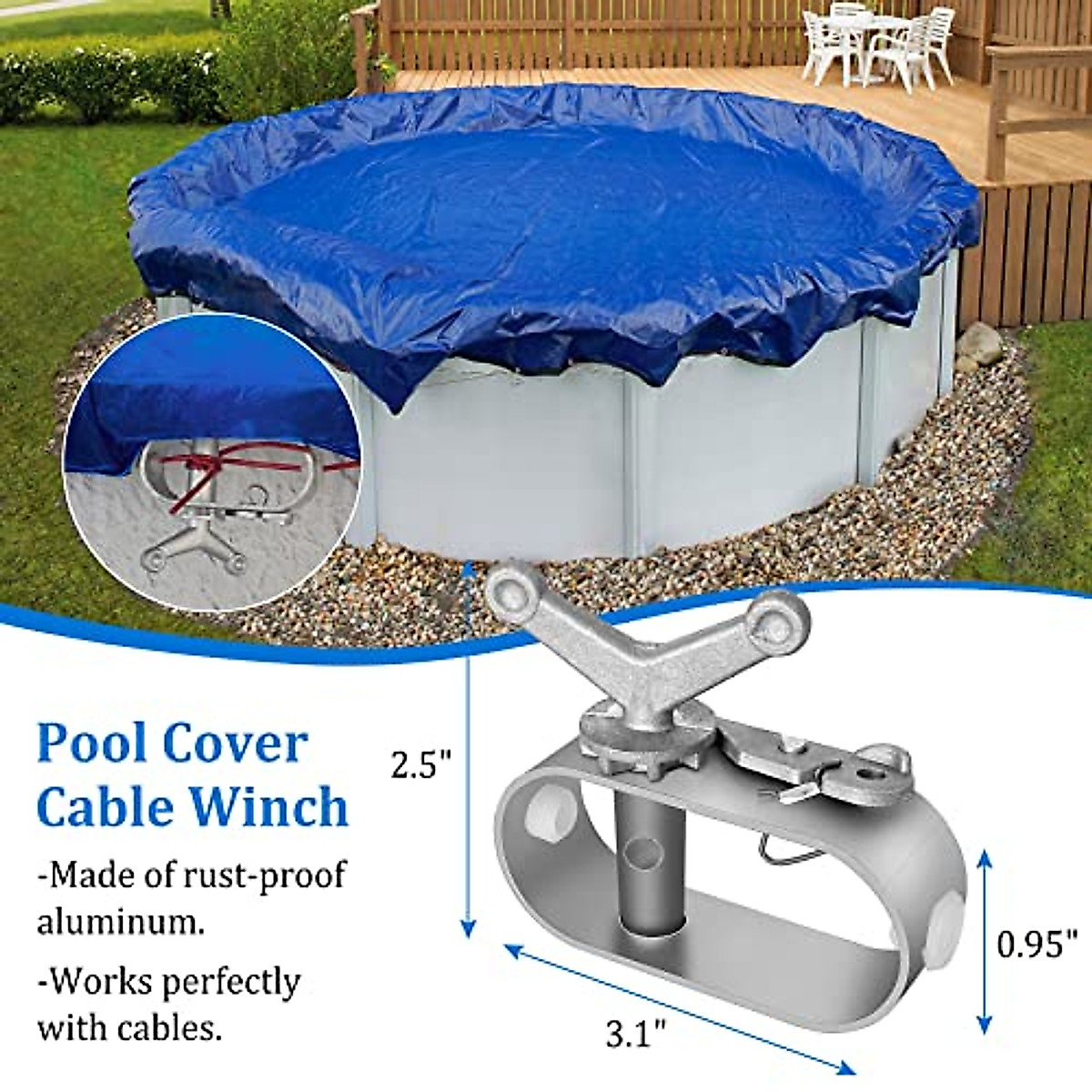 Belleone Swimming Pool Cover Cable and Winch Kit - 100ft Plastic-Coated Steel Pool Cover Wire & Aluminum Spring Loaded Pool Cover Ratchet for Above Ground Swimming Pool Winter Safe