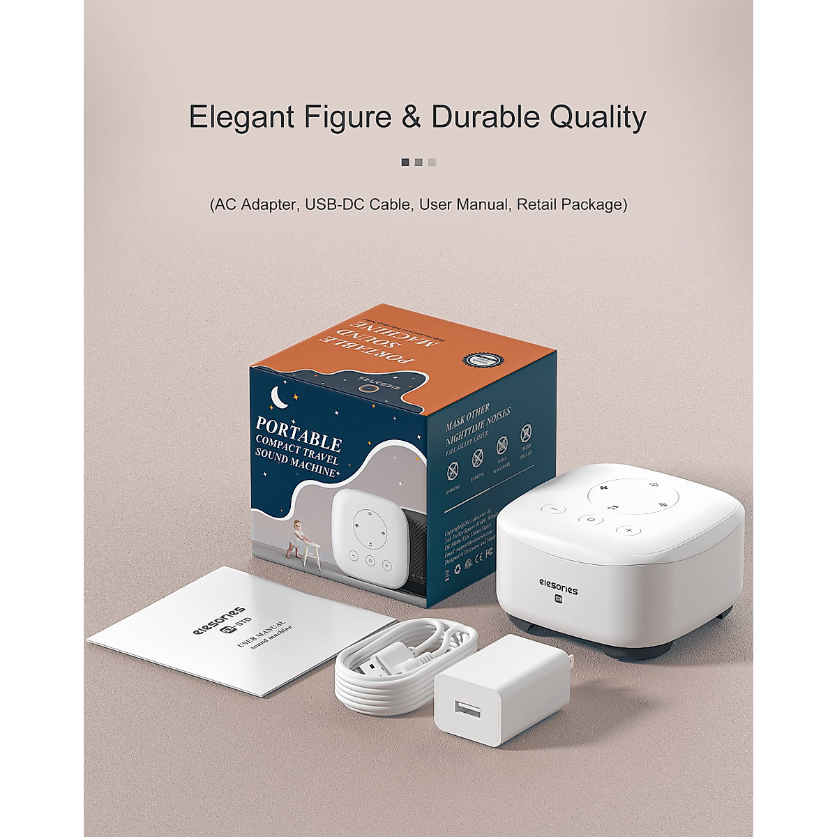 White Noise Machine, elesories Sound Machine Sleep Therapy Soother for Adults Baby Kids Sleeping, 24 Soothing Sounds Including White Noise/Fan Sounds/Nature Sounds/Lullaby for Nursery Office