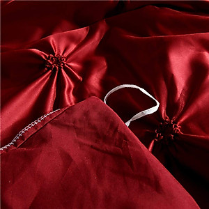 Miss Cora Pintuck Duvet Cover Set Silk Like Satin, Bedding Pinch Pleated Ruffle Design Silky Microfiber Bedding Sets 8 Colors-Red, King