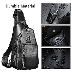 BULLCAPTAIN Genuine Leather Sling Bag Mens Crossbody Backpack for Hiking Casual Daypack Shoulder Chest Bag with USB Charging Port (Black)