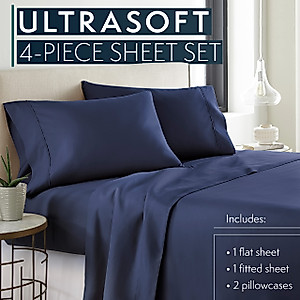 HC COLLECTION Bed Sheets Set California King with 2 Pillowcases Hotel Luxury Brushed Microfiber Sheet w/Deep Pocket, Fade Resistant Ultra Soft Breathable Lightweight 4 Pcs Bedding Solid Color, Navy