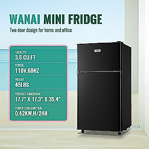 WANAI Compact Refrigerator 3.5 CU.FT Double Door Mini Fridge with Freezer Small Refrigerator with 7 Adjustable Temperature Side Door Wire Rack suit for Dorm Office Apartment Black