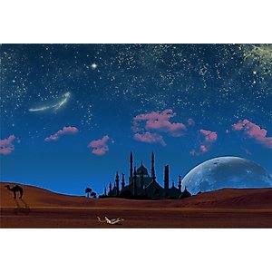 AOFOTO 10x7ft Magic Aladdin's Genie Lamp in Desert Backdrop Mosque in Night Photography Background Fantasy Starry Sky Camel Wish Mysterious Fairy Tale Photo Studio Props Vinyl