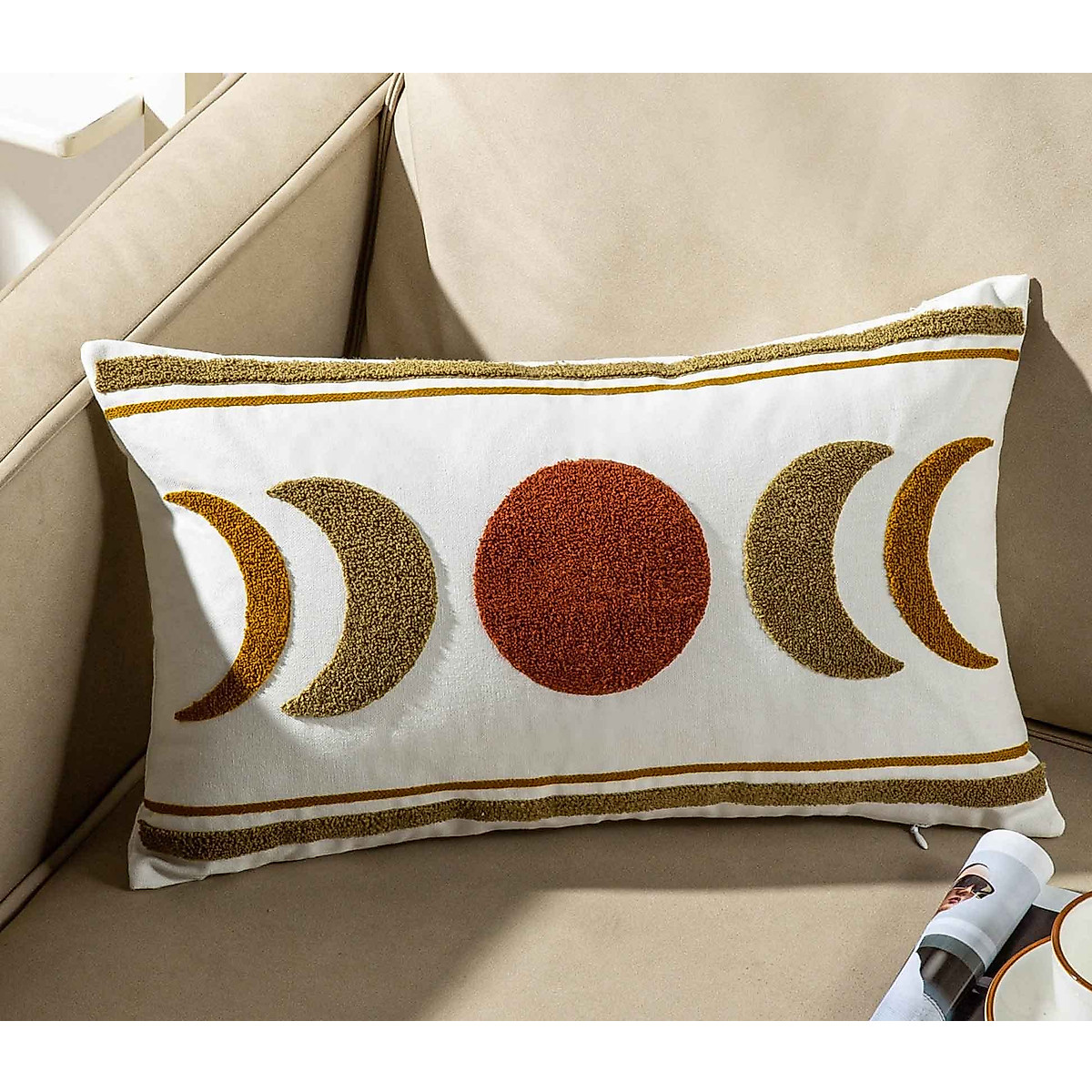 FAVDEC Embroidered Bohemian Style Moon Decorative Throw Pillow Cover, Lumbar Boho Pillow Cover 12 Inches x 20 Inches Cover Only