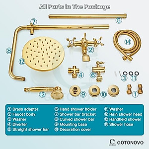 gotonovo Exposed Shower Faucet Set 8 Rain Shower 2 Double Knobs Handle Gold Polish Triple Function Tub Spout Shower Fixture Combo System Unit Set
